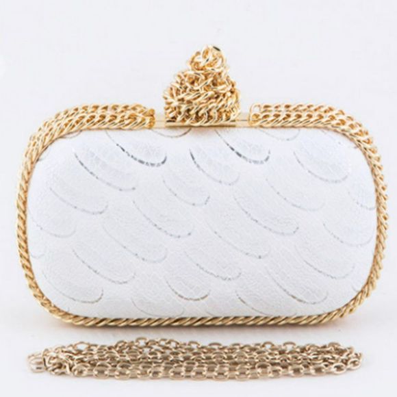 Bags | White And Goldchained Clutch Gold Chainedaccent Textured ...